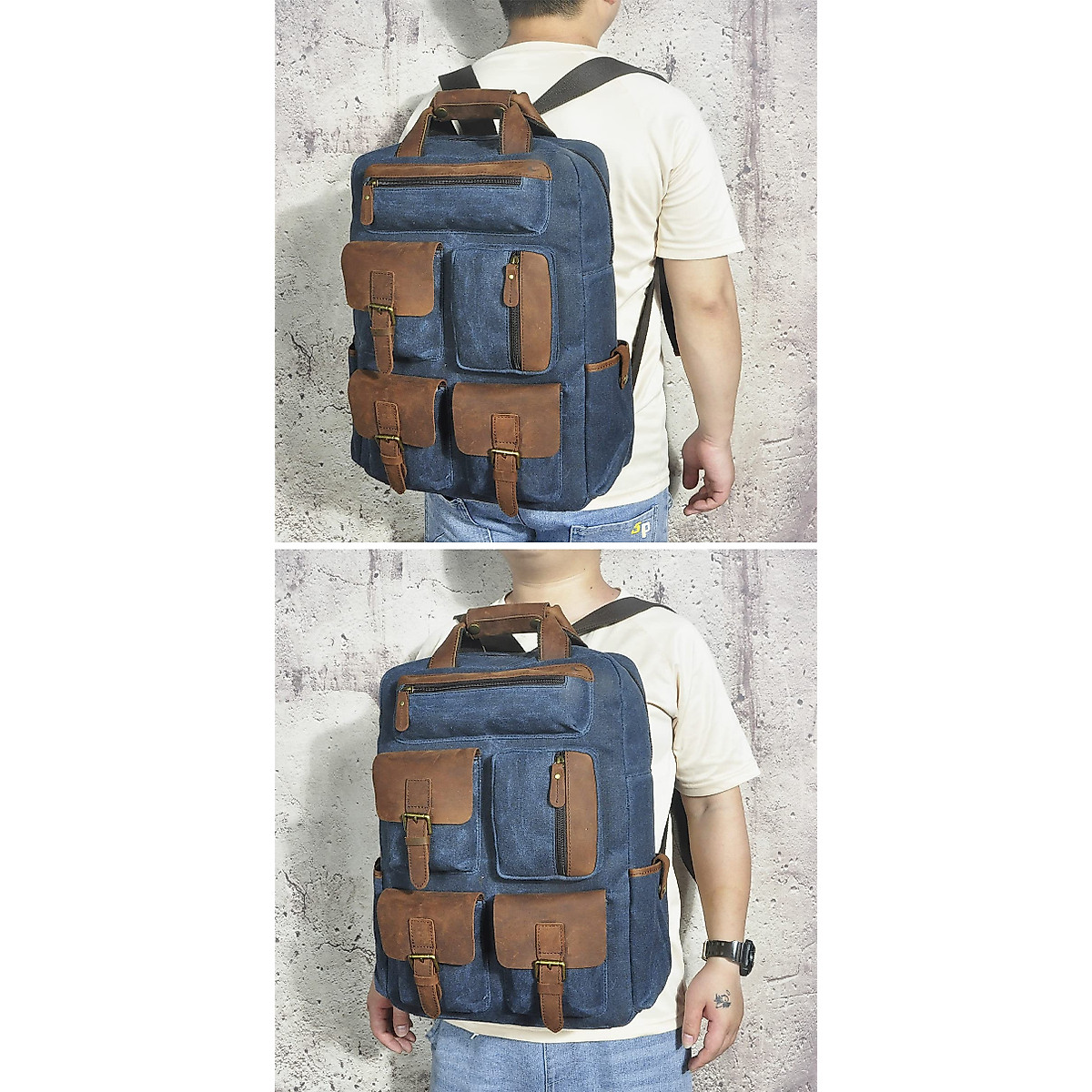 Handadsume Water Resistant Canvas + Leather Large Travel Backpack Rucksack Knapsack Laptop School Bag For Men FB1170 (The Blue)