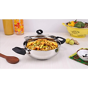 Vinod Stainless Steel Kadhai | Deluxe Wok With Glass Lid | Induction Friendly | Sandwich Bottom | 18cm Capacity | 1.6 Liters | Small-Size | Multi-Use Pot | Suitable For Indian Cooking, Gravy, Stews