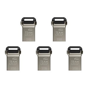 TEAMGROUP C162 32GB 5 Pack USB 3.2 Gen 1 USB 3.1/3.0 Mini Fits Metal Read 100MB/s Flash Thumb Drive External Data Storage Memory Stick Compatible with Computer/Laptop Black TC162332GB21