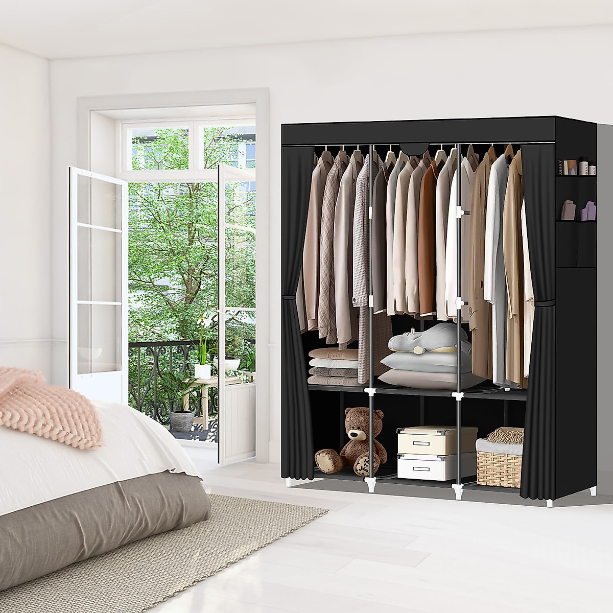 LOKEME Portable Closet, Portable Closets for Hanging Clothes with 3 Hanging Rods and 6 Storage Shelves and 4 Side Pockets, Black Wardrobe Closet Easy to Assemble and Strong and Stable