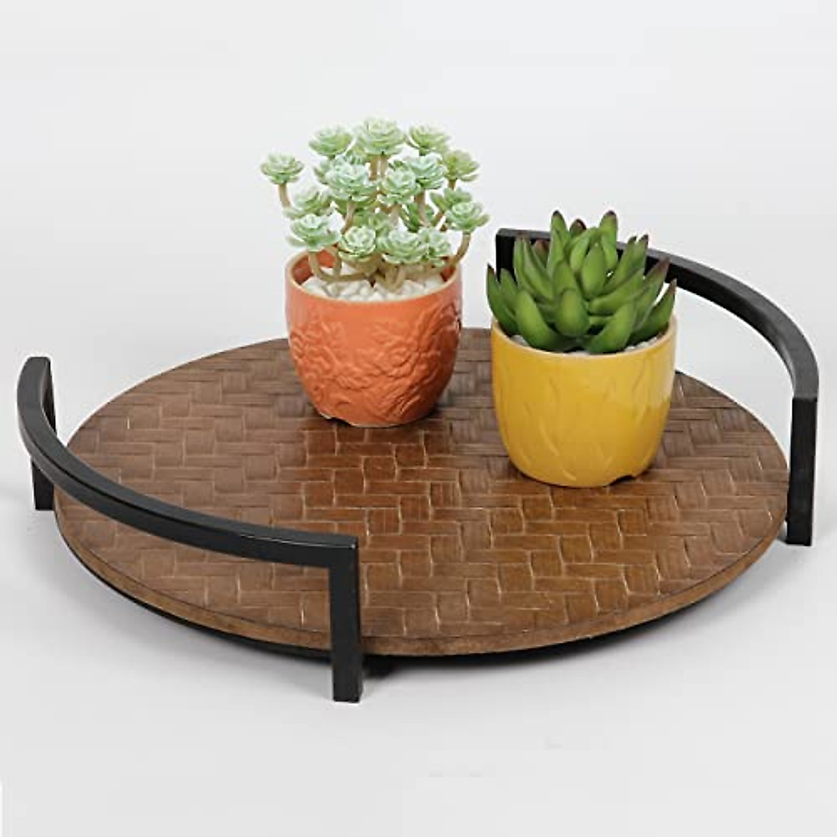 Farmhouse Round Decorative Tray，Wood Serving Tray with Metal Handles, Rustic Ottoman Coffee Table Accent Tray, Centerpieces for Table (Natural Brown)