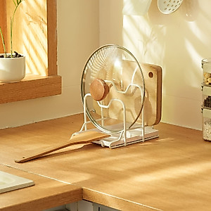 SUNFCON Upgraded Pot Pan Lids Holder Large Cookbook Stand Spoon Rest Cutting Board Rack Chopping Board Organizer Stand w Drip Tray Kitchen Countertop White