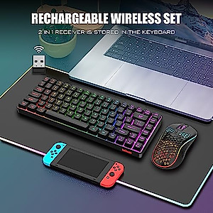 RedThunder K84 Wireless Keyboard and Mouse Combo, Rainbow LED Backlit Rechargeable Battery, 75% Layout 84 Keys TKL Ultra Compact Gaming Keyboard & Lightweight 7200 DPI Honeycomb Optical Mouse (Black)