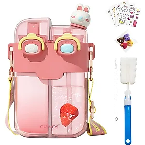 HiGropcore Kawaii Water Bottle Cute Water Bottles with Straw, Double Chamber Water Bottle with Adjustable Strap and Kawaii 3D Stickers, Portable Leakproof Water Jug, 26oz