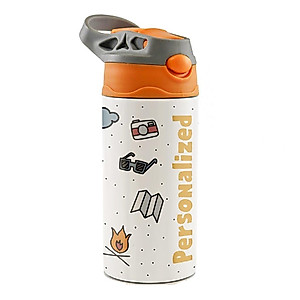 Camping Adventure – Orange and Grey – 12 oz Kids Water Bottle with Pop Up Silicone Straw - Personalize with Name – Double Wall Stainless Steel Insulation – Keep Beverage Temperature for Up To 8 Hours
