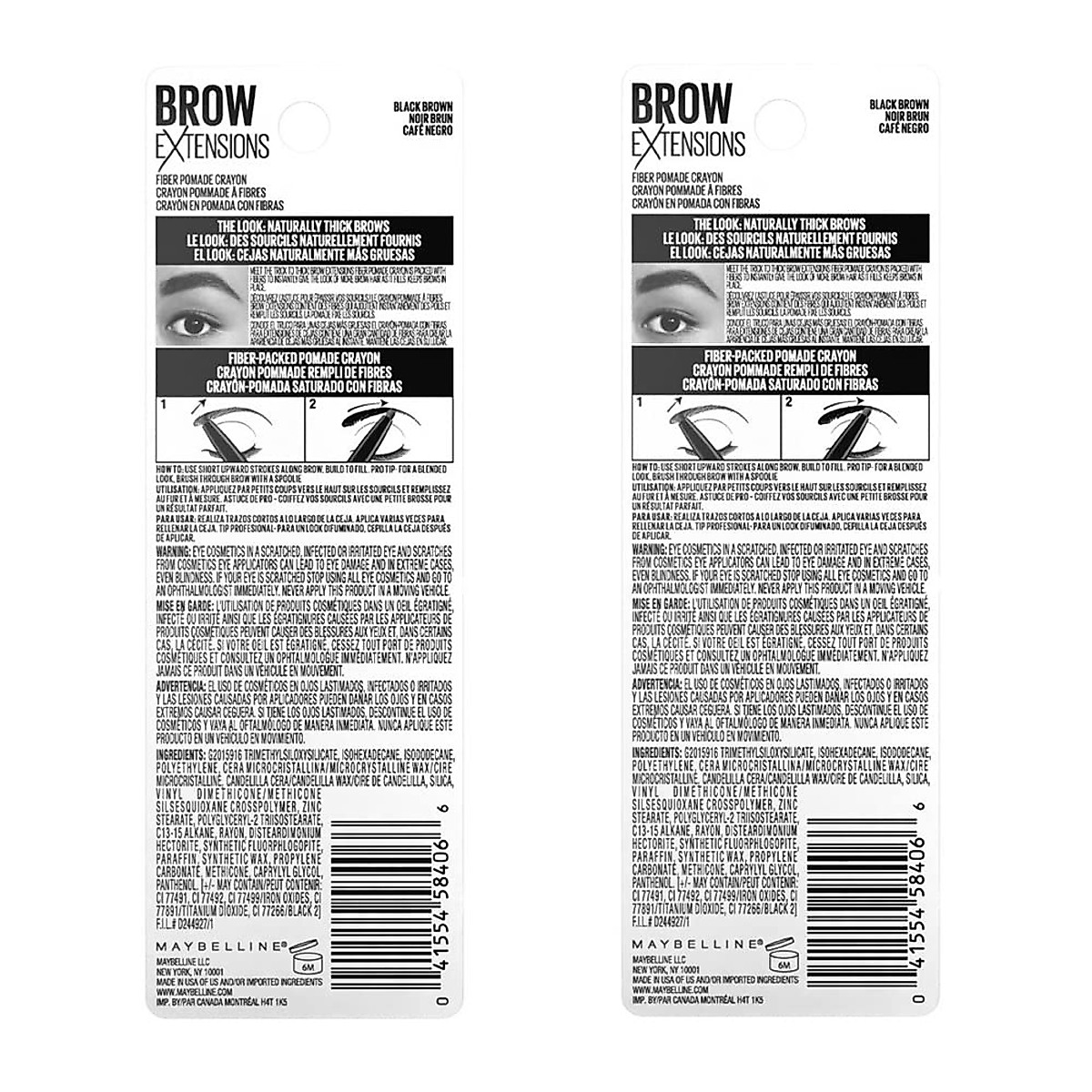 Pack of 2 Maybelline New York Brow Extensions Fiber Pomade Crayon Eyebrow Makeup, Black Brown # 262