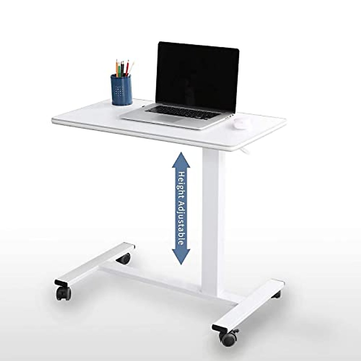 TigerDad Pneumatic Adjustable Overbed Table with Gas Spring Riser | Medical Adjustable Bed Side Table with Wheels | Portable Standing Desk for Laptop Computer with Large Work Space 30.7"x 17"
