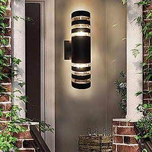 Outdoor Wall Sconce Porch Cylinder Light, Modern Exterior Up and Down Wall Light Waterproof with Aluminum of Matte Black Finish and Toughened Glass for Patio, Garage, E27 Base