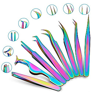 8 Pieces Eyelash Extension Tweezers Set Straight and Curved Tip False Lash Tweezers Eyelash Applicator Tool Stainless Steel Precision Tweezers for Eyelash Extension with Velvet Bag (Rainbow Color)