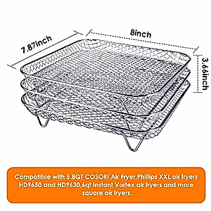 3 Pcs Air Fryer Rack, 8" Stackable Square Stainless Steel Racks, Fits 4.2QT-5.8QT Air Fryer, Compatible with Instant Vortex, Philips, COSORI Air Fryer, Dehydrator Rack Air fryer Accessories (Silver)
