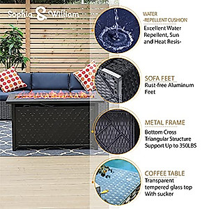Sophia & William Patio Furniture Set with Gas Fire Pit Table 9 Piece Wicker Rattan Outdoor Sectional Sofa W/Coffee Table, Conversation Set, CSA Approved Propane Fire Pit(Navy Blue-Rectangular Table)