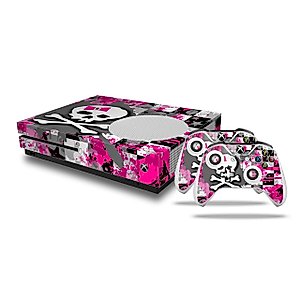 WraptorSkinz Decal Vinyl Skin Wrap Compatible with Xbox One S Console and Controllers - Girly Pink Bow Skull