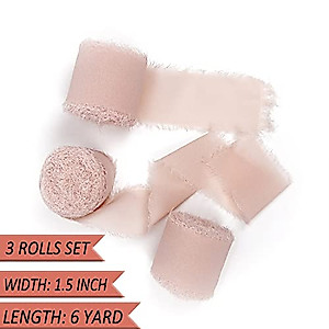 Blush Pink Chiffon Ribbon 3 Rolls Frayed Chiffon Silk Ribbons for Bouquets, Wedding, Gift Wrapping (1.5"x 6 Yd)