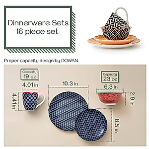 DOWAN Ceramic Dinnerware Sets, 16 Pieces Dish Set for 4, Decorative Plates and Bowls Sets, Porcelain Dinner Salad Plates, Mugs and Soup Bowls Set for Kitchen, Housewarming Gift