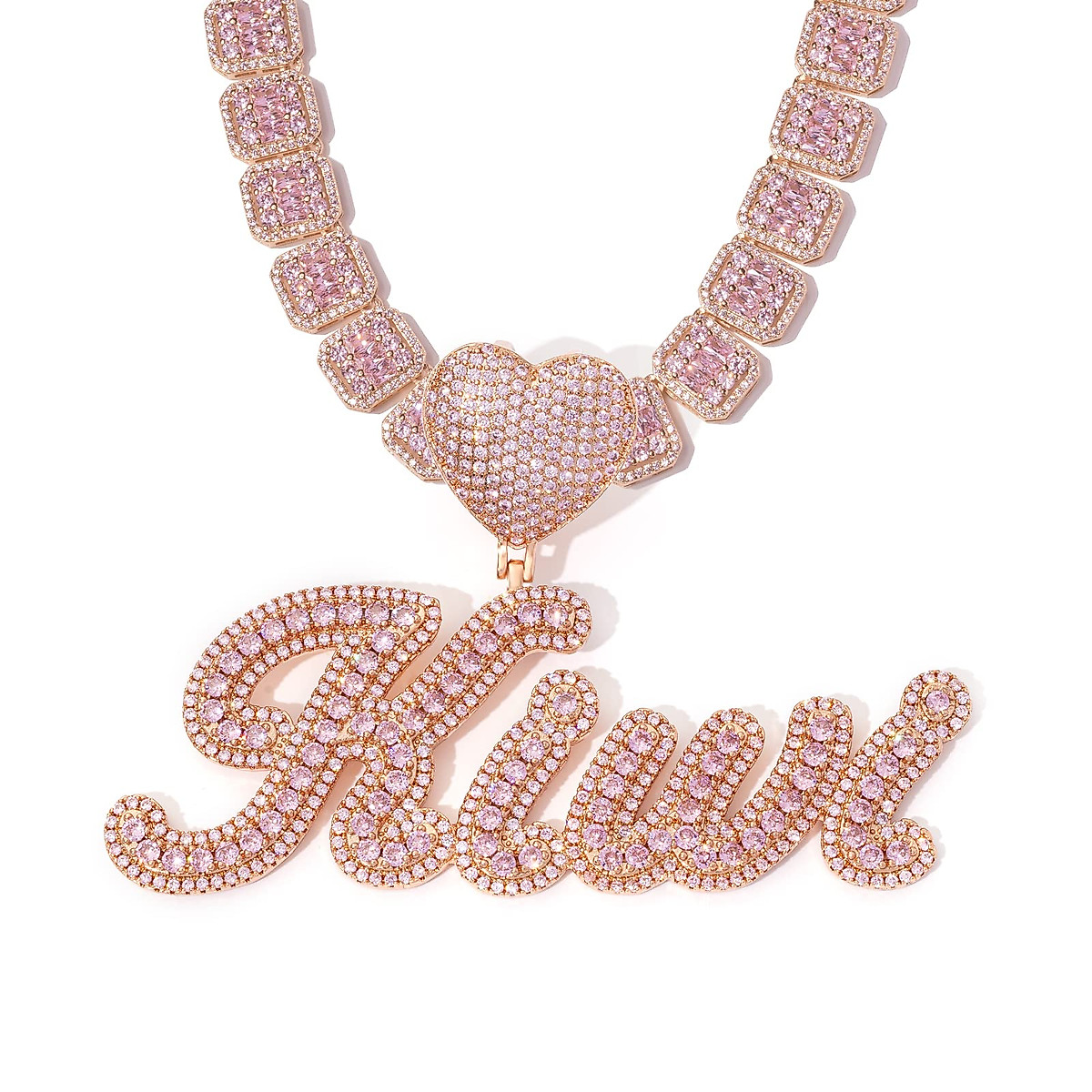 Iced Out Custom Name Necklace with Cuban Link Chain for Man Women, Hip Hop 14k Real Gold Plated Personalized Initial Letter Pendant Necklaces, Handmade Customized Nameplate Jewelry Gifts for Women Men (Heart Rose Gold/Pink)