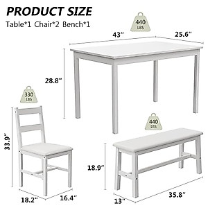 Dining Table Set for 4, 4 Piece Kitchen Table with Chairs and Bench, Wood Rectangular Dining Table Set with 2 PU Leather Chair and Bench for Small Spaces, Apartment, Breakfast, Living Room (White)