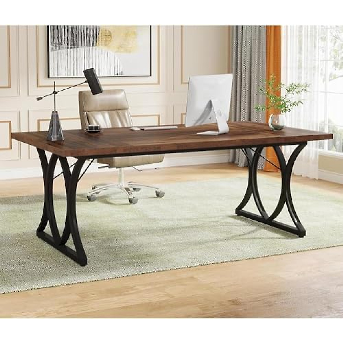 Tribesigns 63 L x31W x 30 H Executive Desk, Farmhouse Wood Computer Desk, Large Home Offcie Table with Black Metal Frame, Long Table