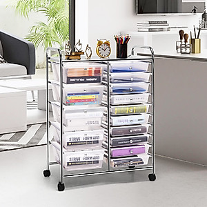 COSTWAY 15 Drawer Rolling Storage Cart, Multipurpose Mobile Storage Organizer w/Removable Drawers & Metal Frame, Utility Tools Paper Organizer on Wheels for Home, Office (Transparent)
