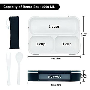 HCYWOC Bento Box Adult Lunch Box, 1000ml Bento Lunch Box for Kids, 3 Compartment Lunch Containers for Older Kids and Portion-controlled Adult, BPA Free, Leak-proof, Microwave/Dishwasher Safe