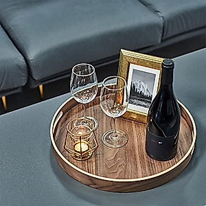 urbanplus 16.5" Walnut Large Round Serving Tray with Handles, Large Round Ottoman Tray, Bed Tray, Wood Serving Tray for Eating, Food, Coffee, Breakfast, Afternoon Tea, Decoration