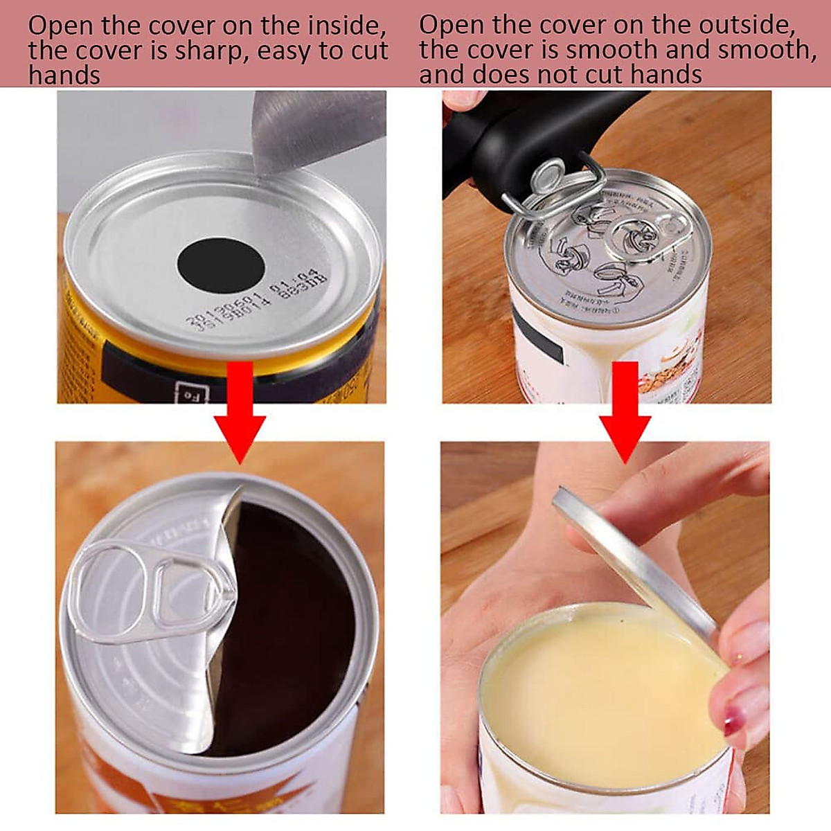 Cylovinho Safe Cut Manual Can Opener, Smooth Edge Can Opener - Can Opener Handheld With Soft Grips, Ergonomic Smooth Edge, Food Grade Stainless Steel Cutting Can Opener for Kitchen & Restaurant (Red)