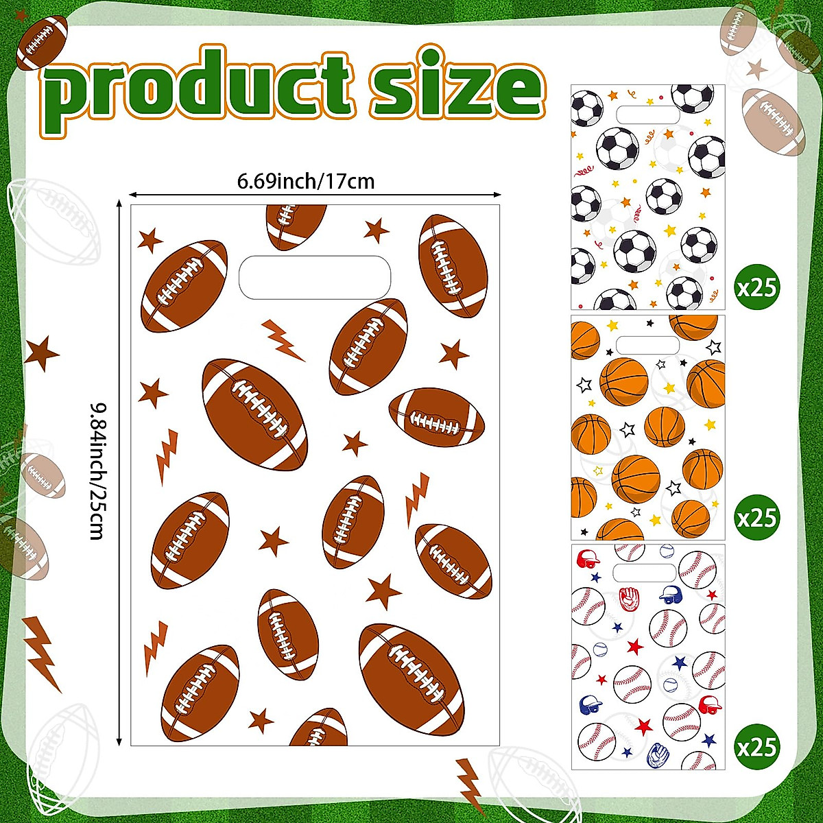 Pajean 100 Pcs Sport Party Favor Bags 10 x 7 Inch Football Goodie Bags Plastic Sport Birthday Gift Bags Soccer Baseball Candy Bags Basketball Treat Bags for Sport Football Basketball Party Stuffers