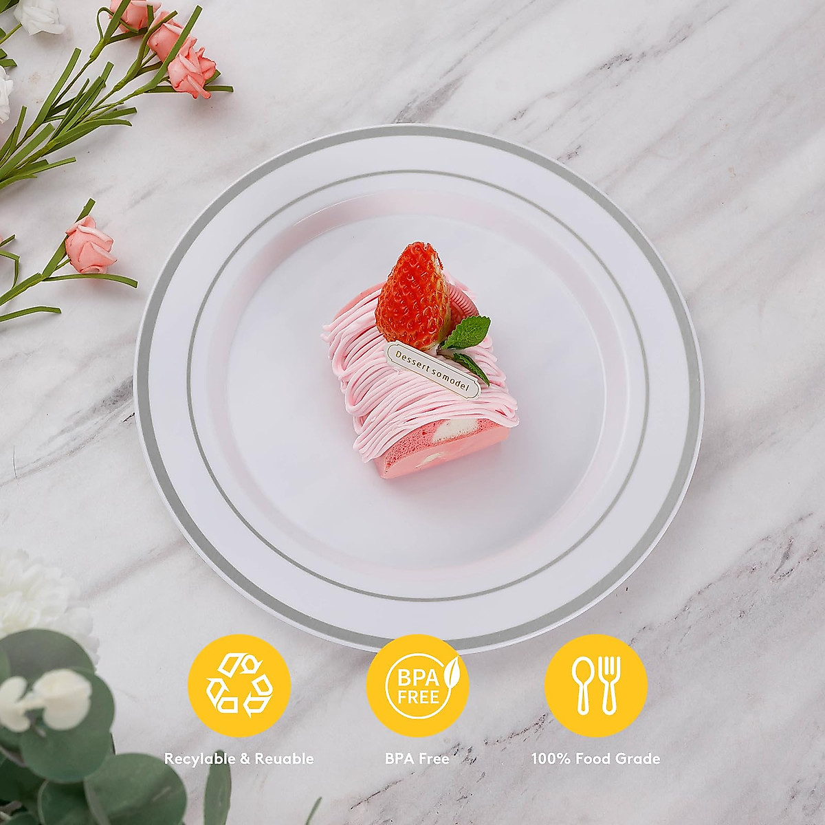 Goodluck 120PCS Silver Plastic Plates, Heavy Duty Disposable Silver Plates with 60 10.25 inch Dinner Plates and 60 7.5 inch Dessert Plates, Disposable Plates for Party, Holiday, Wedding