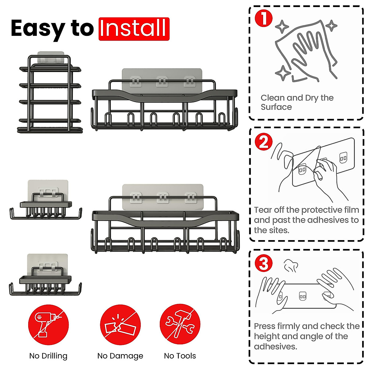WOKIT Shower Caddy, Bathroom Accessories, Shower Organizer with Self Adhesive for Bathroom, Rustproof Stainless Steel Dorm Room Essentials, Perfect for Kitchen Storage-Set of 5 Racks