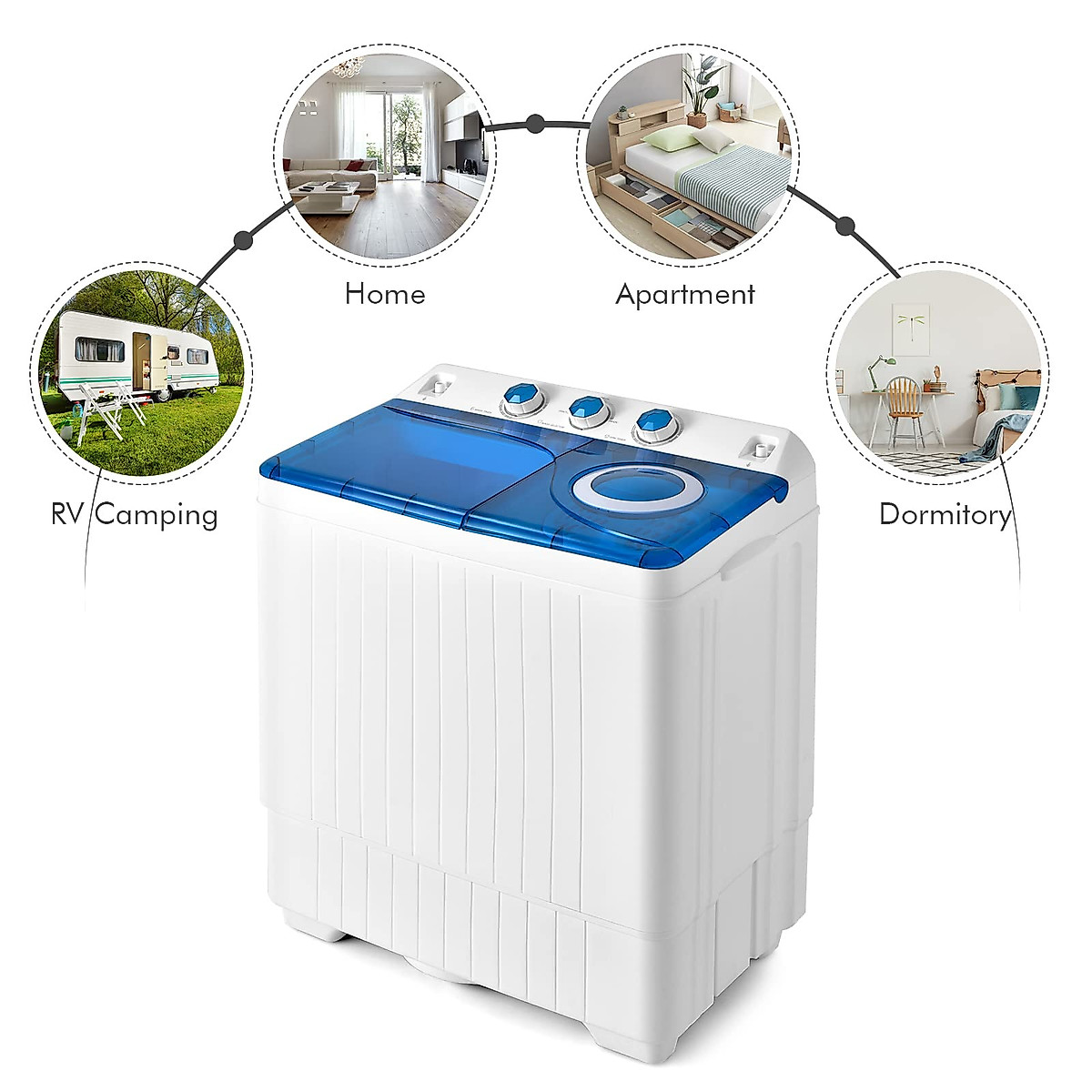 COSTWAY Portable Washing Machine, Twin Tub 26lbs Capacity Laundry Washer, 18lbs Washer and 8lbs Spinner Combo with Timer Knobs, Built-in Drain Pump, Compact Washer for Home Dorm Apartment, Blue+White