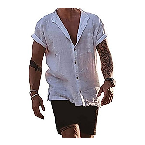 MBETA Cotton and Linen Solid Color Cardigan Loose Short Sleeve Shirt Suitable for Summer Menswear