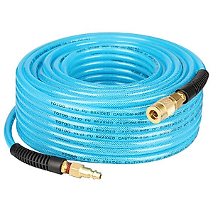 YOTOO Reinforced Polyurethane Air Hose 1/4" Inner Diameter by 100' Long, Flexible, Heavy Duty Air Compressor Hose with Bend Restrictor, 1/4" Swivel Industrial Quick Coupler and Plug, Blue