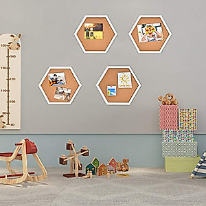 AkTop Cork Bulletin Board Hexagon 4 Pack, Small Framed Corkboard Tiles for Wall, Thick Decorative Display Boards for Home Office Decor, School Message Board with 16 Push Pin Wood Clips, White