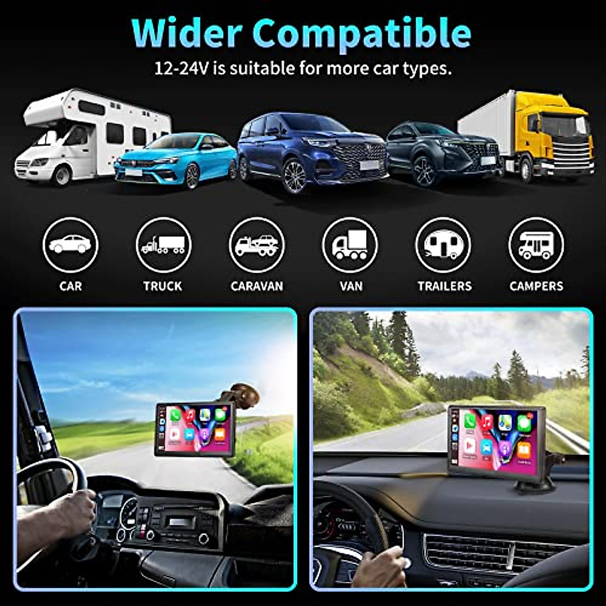 Cartreque Portable Wireless Car Stereo, Compatible with Apple CarPlay and Android Auto, 7 Inch Full HD Touchscreen, Backup View Camera, Handsfree, Mirror Link, Fm, Voice Controll, TF/USB/AUX