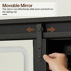 Farmhouse Makeup Vanity Desk with Electrical Outlet, Sliding Mirror and LED Lights, Adjustable Light Color Brightness, 42-Inch Tabletop Dresser, Multiple Storage Space, Dresser Set with a Stool, Black