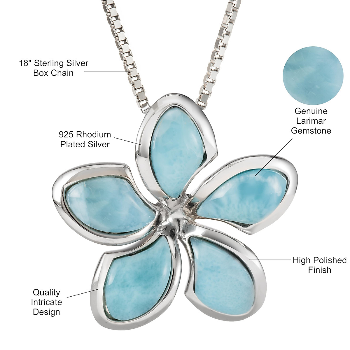 Aloha Jewelry Company Sterling Silver Natural Larimar Plumeria Flower Necklace Pendant with 18" Box Chain, Nickle Free Hypoallergenic for Sensitive Skin, Gift Box Included (Pointed Petals, Large)