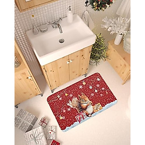 Christmas Bath Rugs Squirrel Xmas Ball Branch Sponge Doormat Absorbent Non Slip Backing Durable Soft Flannel Mat Snowflake Snow Red Christmas Memory Foam Mats Carpet for Bathroom Kitchen, 18 x 30 inch
