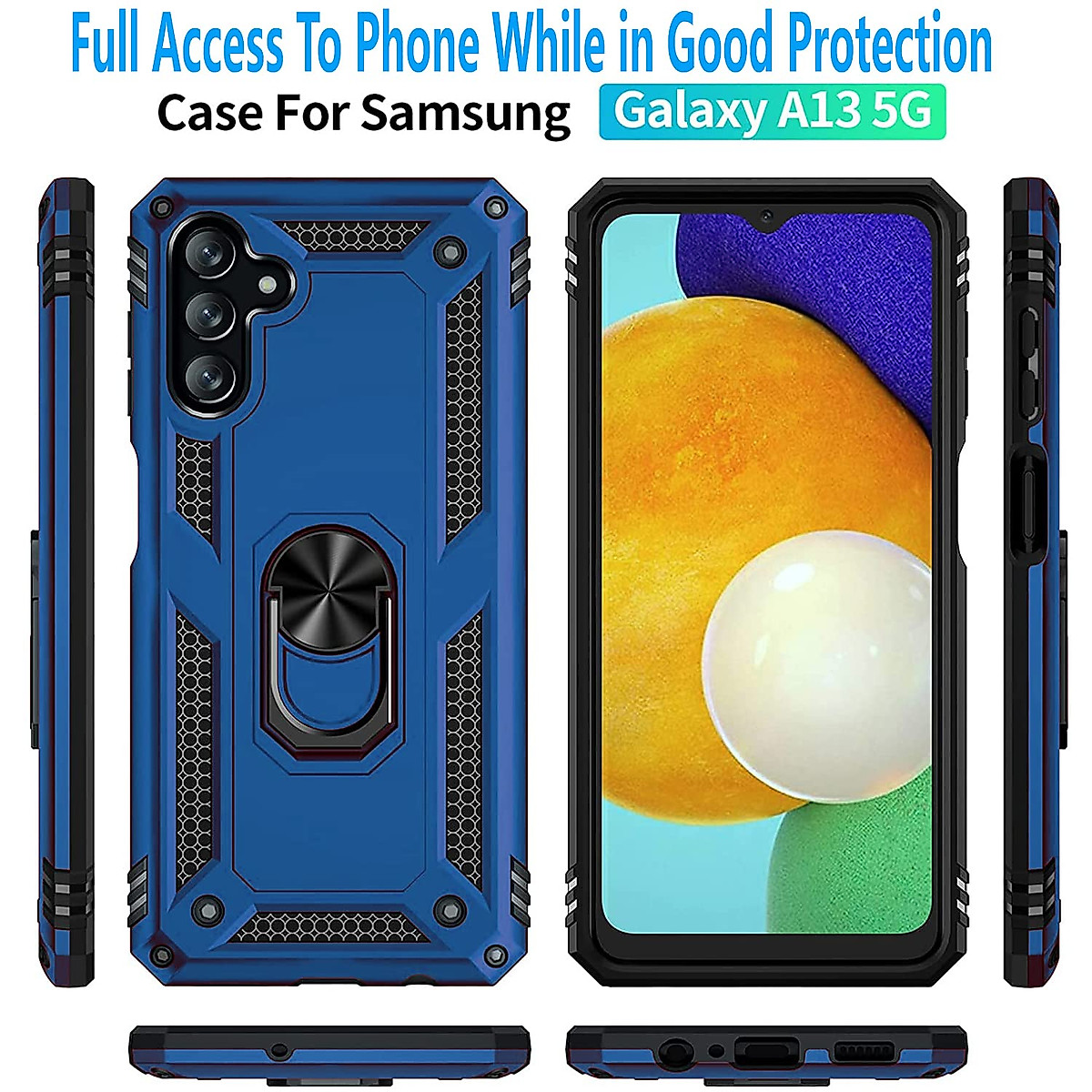 STARSHOP Galaxy A13 5G Phone Case, Samsung Galaxy A13 5G Case, with [Tempered Glass Screen Protector Included], Military Grade Shockproof Drop Protection Phone Cover with Metal Ring Kickstand - Navy