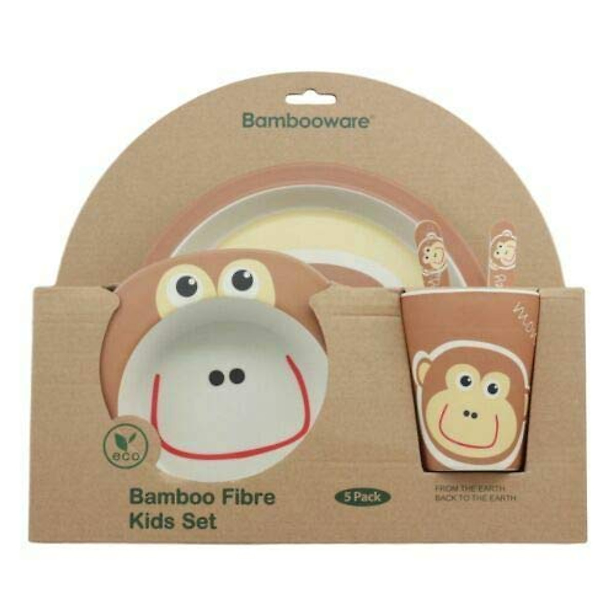 Ebros Whimsical 5 Piece Dinnerware Set for Kids Children Toddler Baby Made of No BPA Eco Friendly Organic Bamboo Fiber Fork Spoon Plate Bowl and Cup Essentials (Jungle George Monkey)