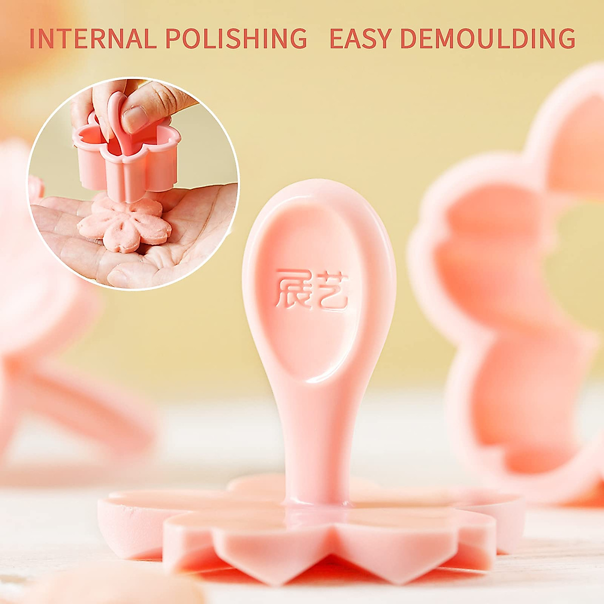 5Pcs/Set Cookie Mold Stampers Cherry Blossom Pastry/Fondant Cutters Flower-Shape Hand Pressure Pastry Mould for Sakula Cookies, Sugarcraft Cake Decoration, Polymer Clay, Chocolate (Pink)