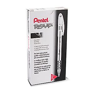 Pentel® R.S.V.P.® Ballpoint Pens, Fine Point, 0.7 mm, Clear Barrel, Black Ink, Pack Of 12
