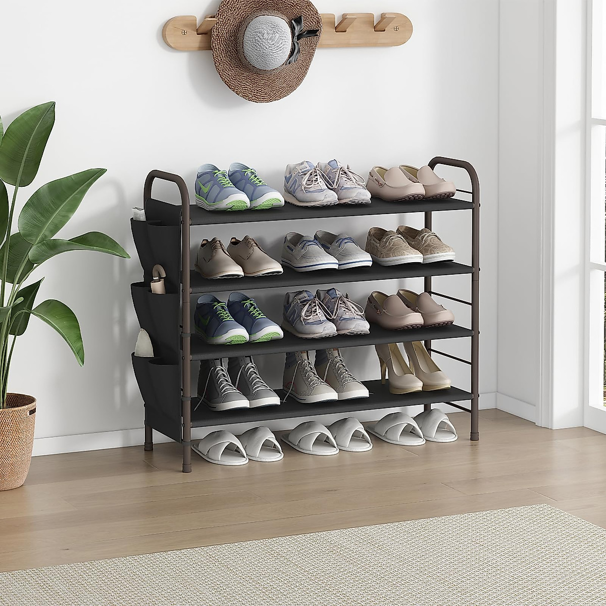 SUOERNUO Shoe Rack Storage Organizer 4 Tier Free Standing Metal Shoe Shelf Compact Shoe Organizer with Side Bag for Entryway Closet Bedroom,Bronze