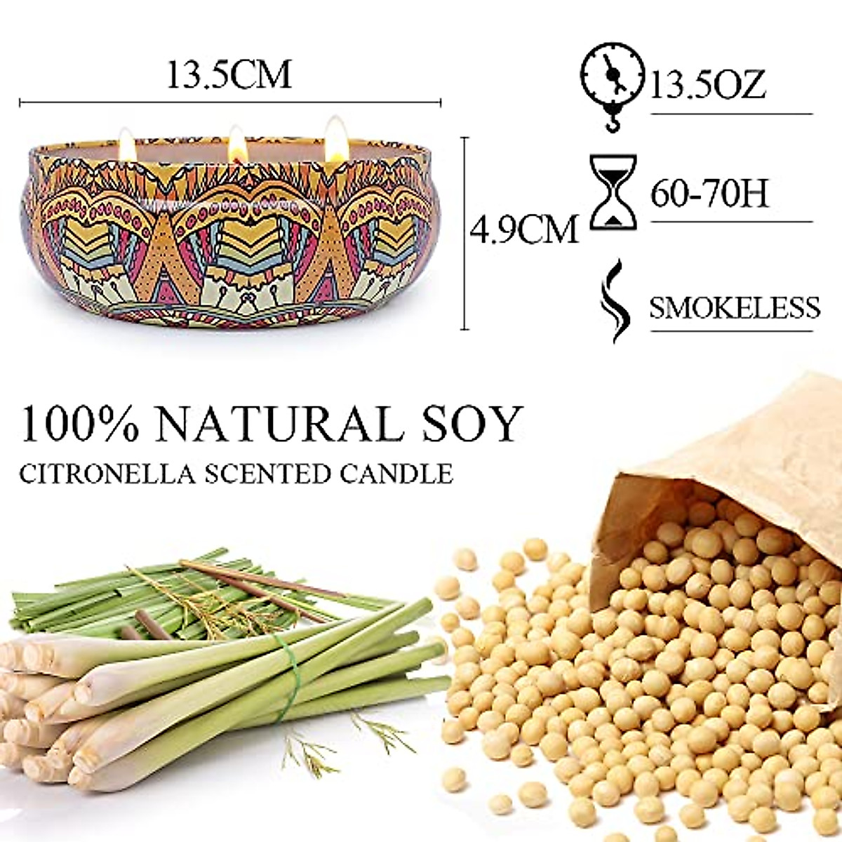 Citronella Candle Outdoor, Large 3 Wicks 13.5oz Soy Wax Bugs Away Candles for Outside Patio Porch, 3 Packs