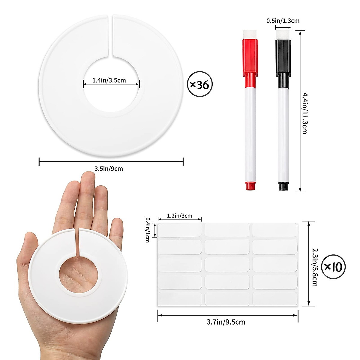 KMOTASUO 36Pcs White Clothing Rack Size Dividers, Round Clothes Hanger Separator Dividers with 150 Labels (1 Inch) and 2 Markers, Sturdy Baby Closet Organize Clothing Rod Dividers