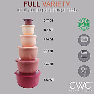 COOK WITH COLOR Prep Bowls with Lids- Wide and Deep Nesting Plastic Small Mixing Bowl Set with Lids, 12 Piece Set - Deep Bowls, Rose