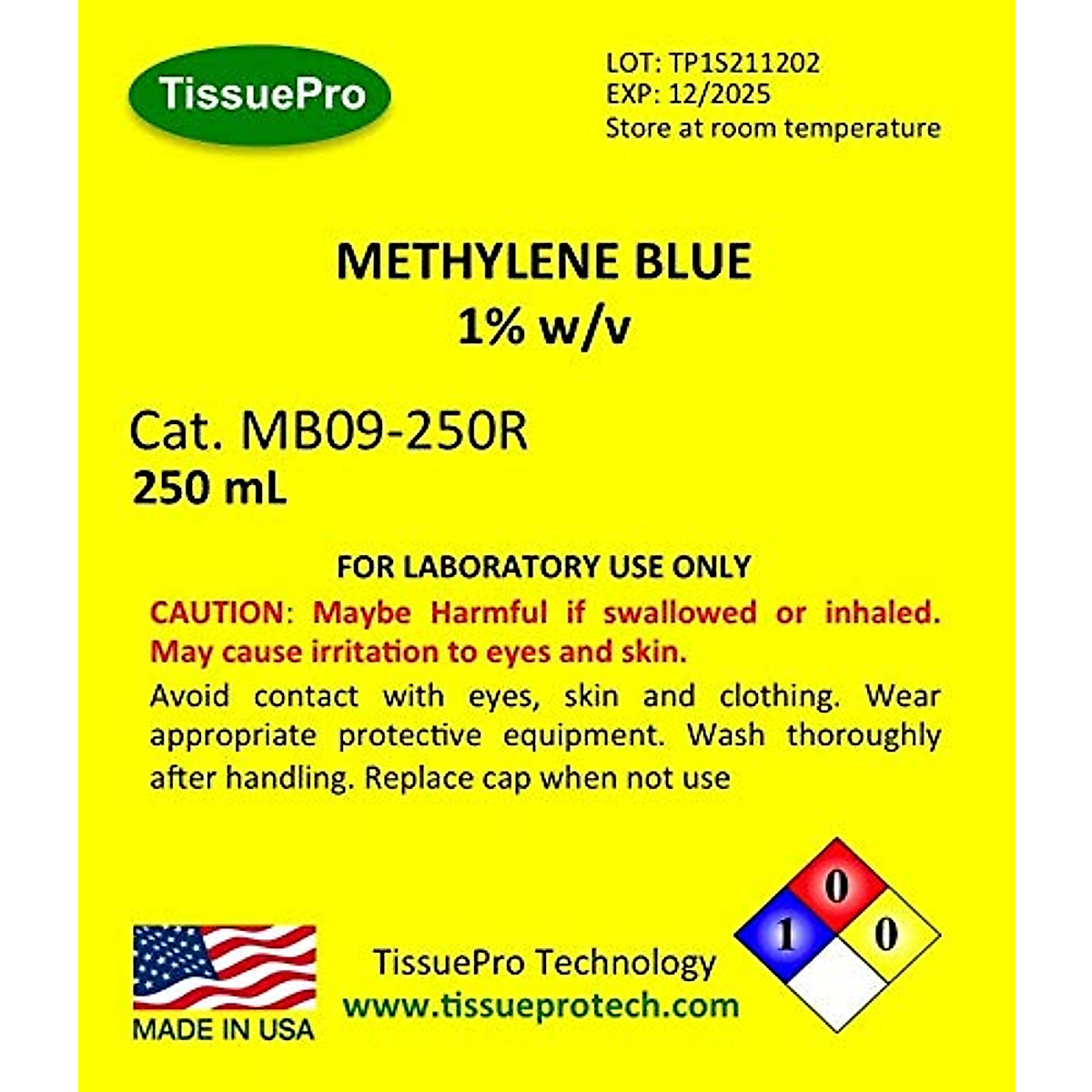 Tissue Pro- Methylene Blue 1% Aqueous Solution, Pharmaceutical Grade Stain, Redox Indicator for Labs, Microscopy and Other apps, 250mL, Dispensing Cap