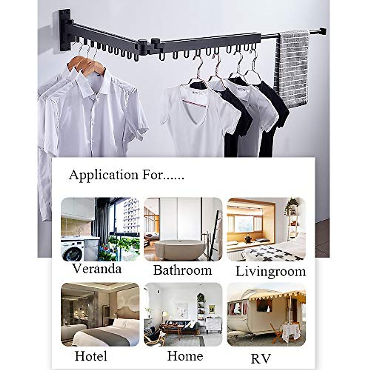 uyoyous Clothes Drying Rack 7.6 lbs Folding&Retractable 3-Level Wall Mount Space Saver Clothes Hanger with Towel Bar Laundry Drying Rack for Indoor Outdoor -Matte Black