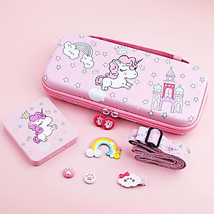 RHOTALL Case Compatible with Nintendo Switch & Switch OLED, Carrying Case with Game Case, Shoulder Strap, Cute Protective Hard Portable Travel Shell Pouch for Switch Accessories (for Pink)