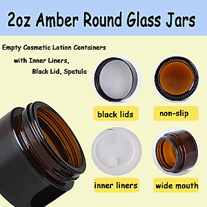 OverNews 2oz Amber Glass Jar, Empty Cosmetic Lotion Containers for Creams, Candle, Food Storage with Inner Liners,Black Lid, Spatula (1PCS)