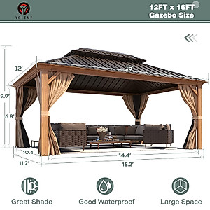 YOLENY 12'x16' Hardtop Gazebo, Wood Grain Aluminum Frame Outdoor Gazebo with Double Galvanized Steel Roof, Permanent Metal Pavilion with Curtains and Nettings for Patio, Backyard, Deck and Lawns