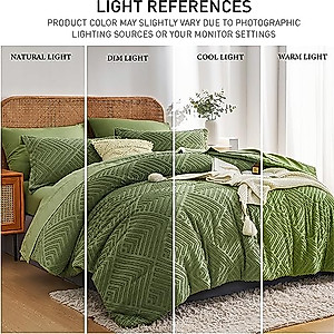 WURUIBO Green Queen Comforter Set 7 Piece Bed in a Bag,Tufted Shabby Chic Boho Bedding Comforter Sets,Soft Microfiber Textured Complete Bedding Set for All Season (Green,Queen)